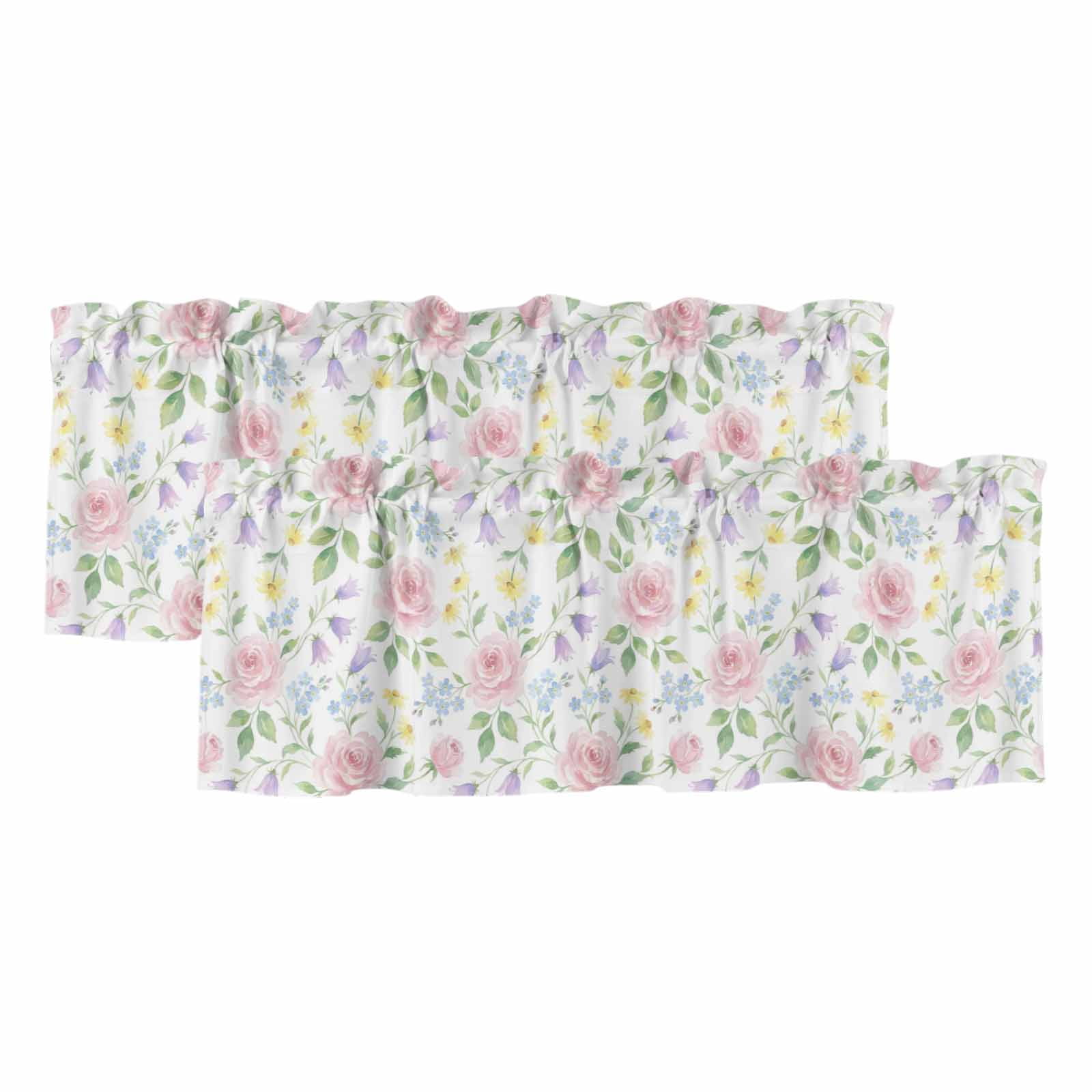 2 Pack Pink Roses Valance for Window Watercolor Floral Green Leaves ...