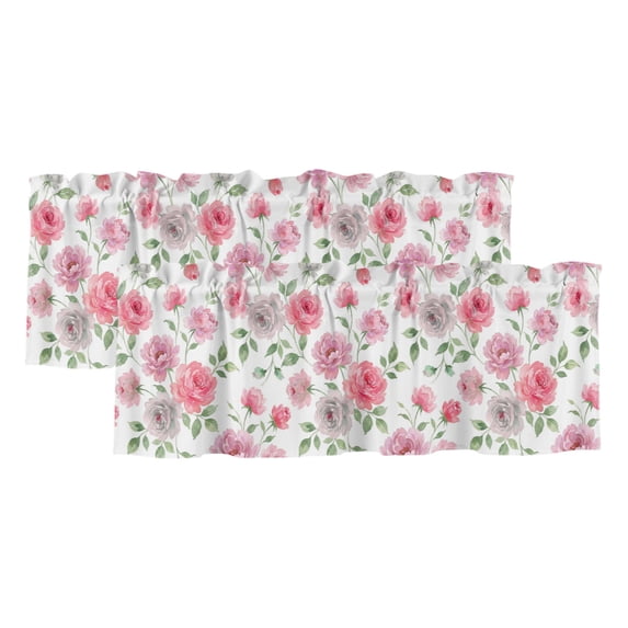 2 Pack Pink Roses Valance for Window Watercolor Grey Pink Floral Leaf ...