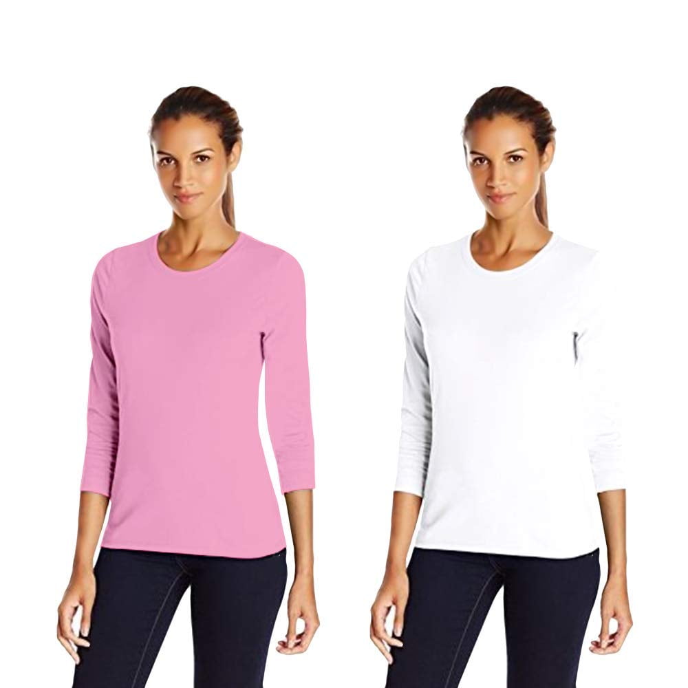 2 Pack Pink Swish and White Tops for Women Cotton Long Sleeve - Walmart.com