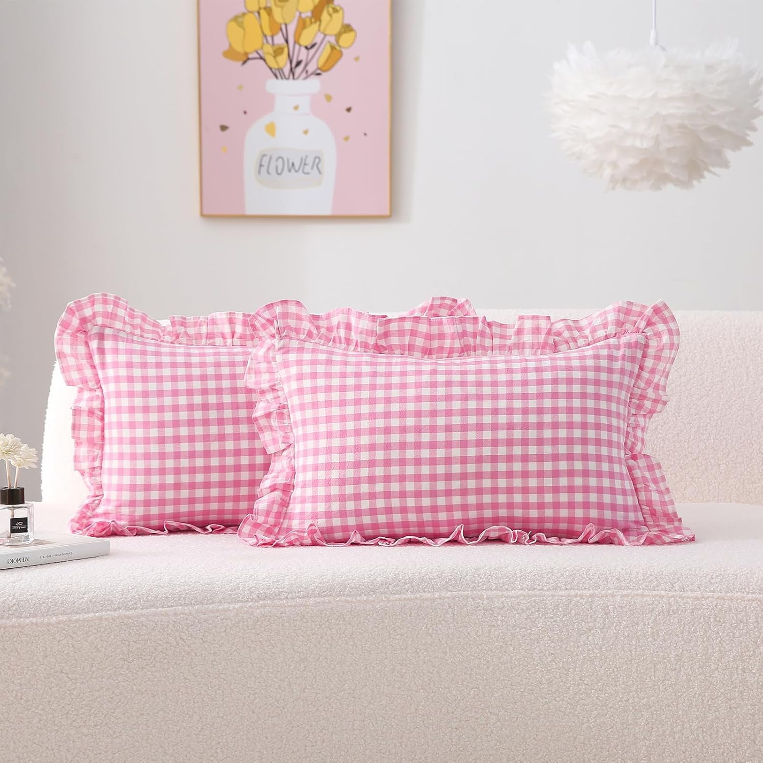 2 Pack Pink White Plaid Ruffle Gingham Throw Lumbar Pillow Shams 12x20 ...