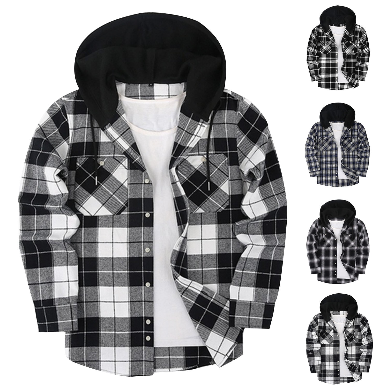2 Pack Plaid Shackets Jackets for Men with Pockets and Hood Button-Down ...
