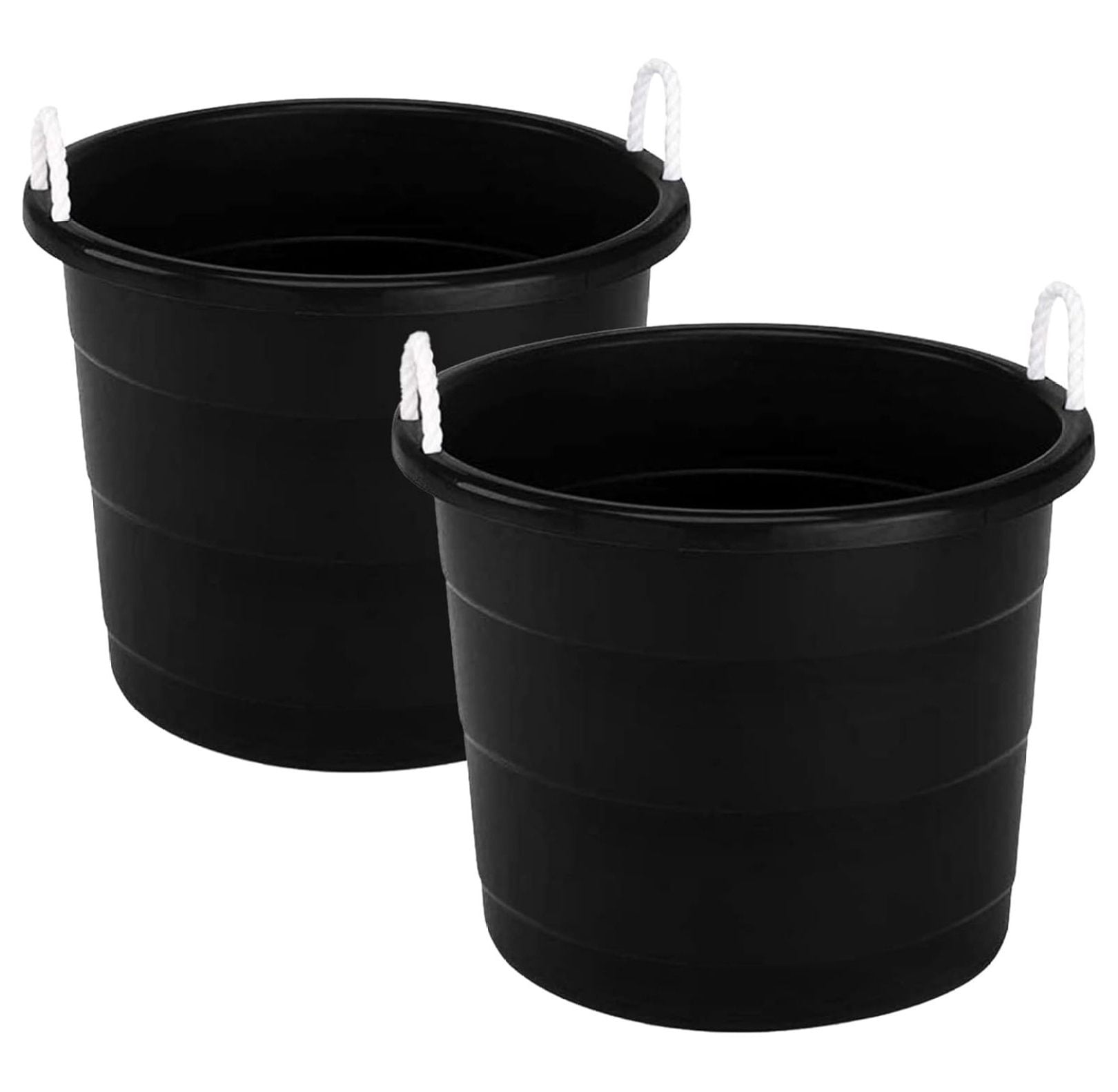 2 Pack Plastic Buckets, Round Tub w/Rope Handles, 17 Gallon, Black ...