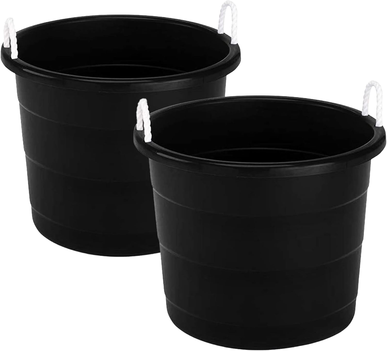 2 Pack Plastic Buckets, Round Tub w/Rope Handles, 17 Gallon, Black ...