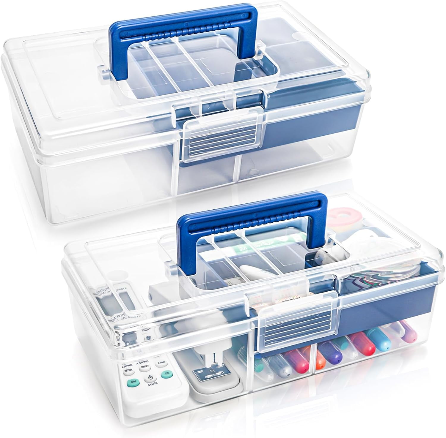 2 Pack Plastic Dividing Storage Box with Removable Tray, 2-Layer Craft ...