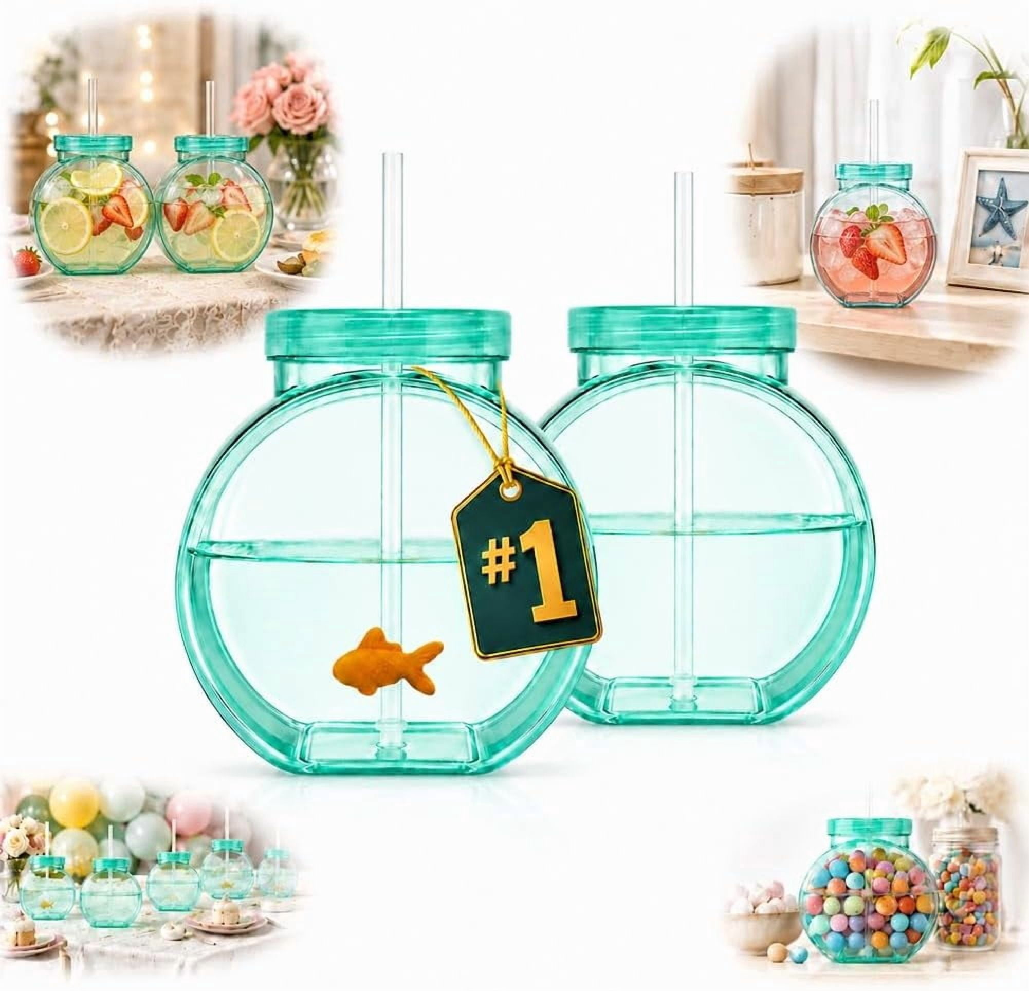 2 Pack Plastic Fish Bowl Tumbler with Straw & Lid, 1200ML Drinking ...