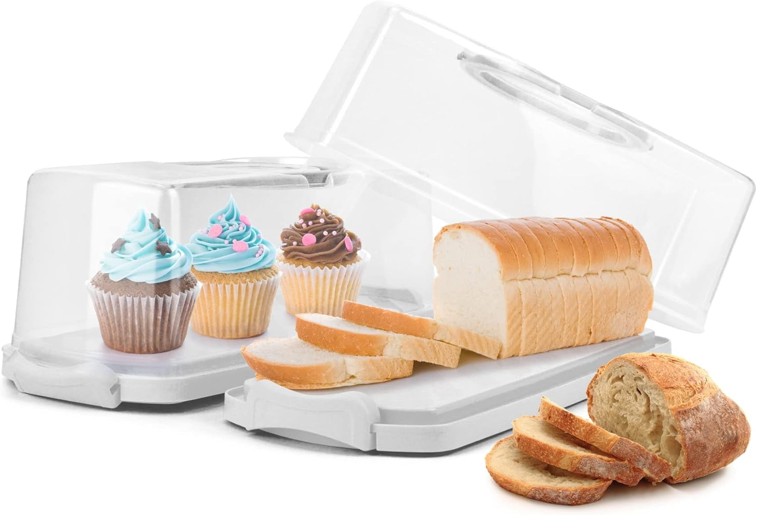 2-Pack Plastic Rectangular Bread Box with Clear Lid, Loaf Cake Keeper ...