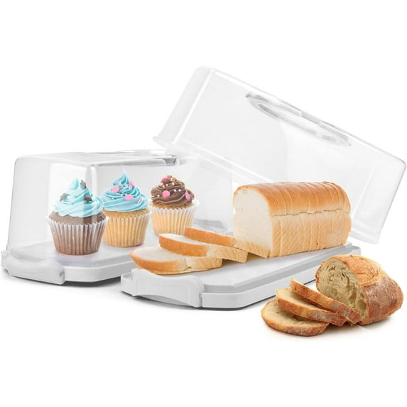 2-Pack Plastic Rectangular Bread Box with Clear Lid, Loaf Cake Keeper ...