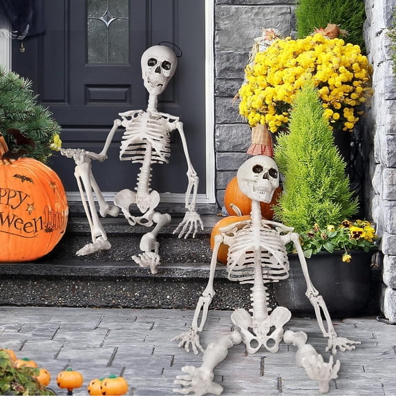 2 Pack Plastic Skeleton Halloween Decor, 36" Posable Skeleton Skull ...