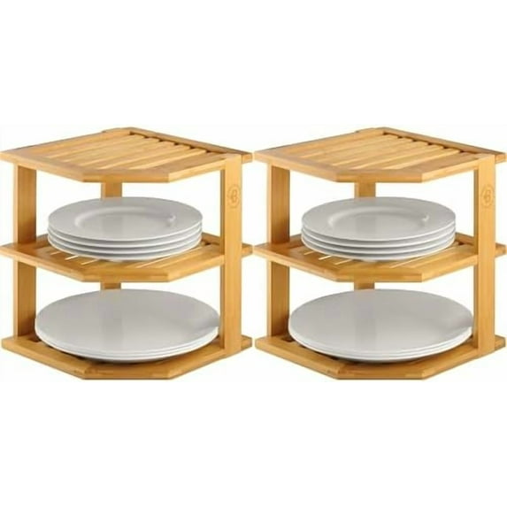 2-Pack Plate Organizer for Cabinet - Bamboo Corner Shelf for Kitchen or ...