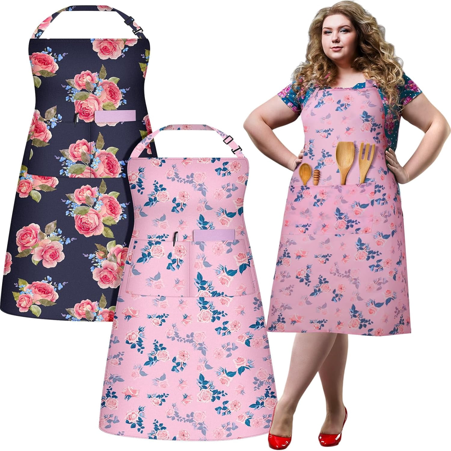 2 Pack Plus Size Floral Aprons Women Adjustable Vintage Kitchen Chef ...