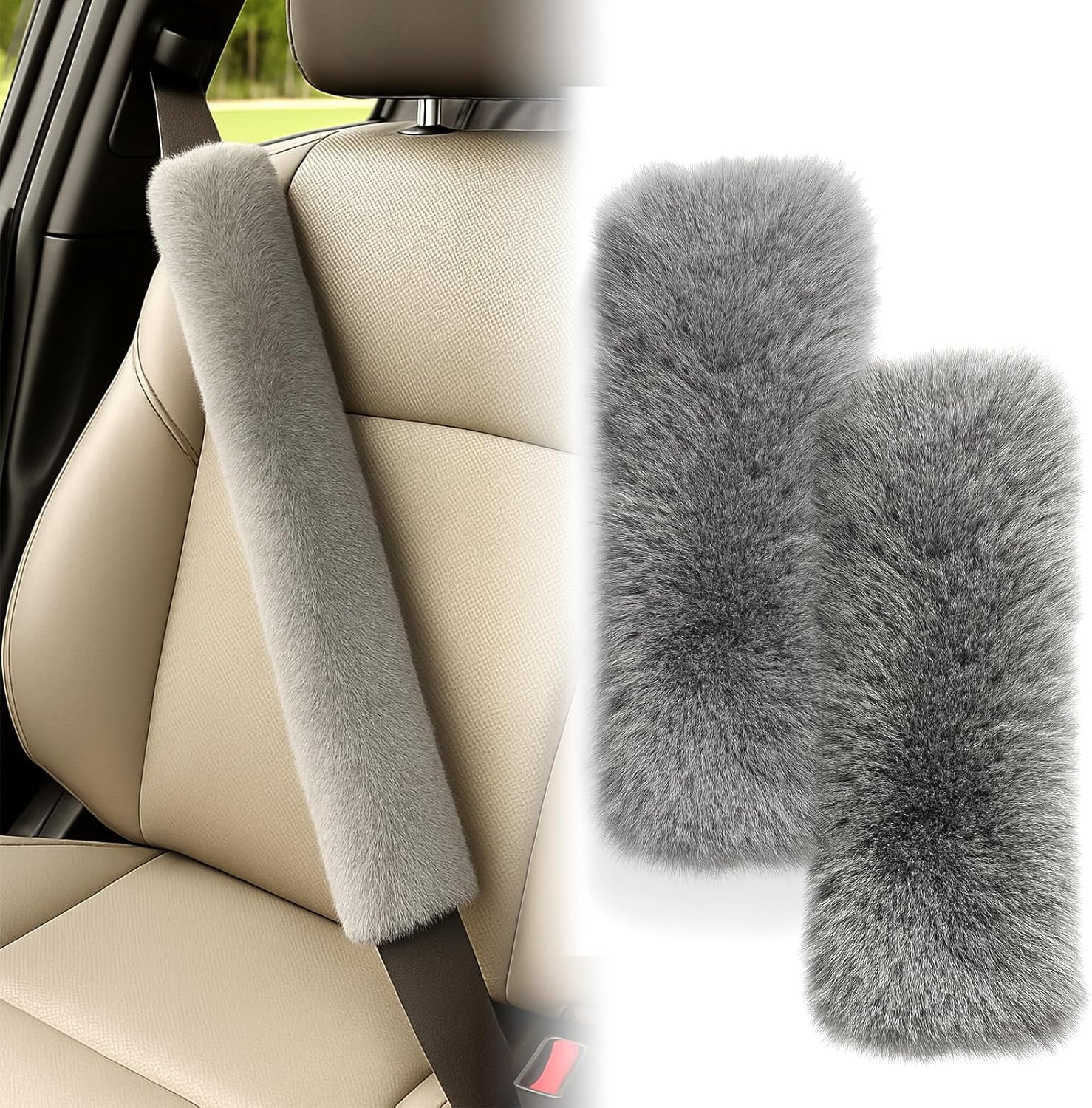 2 Pack Plush Car Seat Belt Cover, Soft Fluffy Shoulder Pads, Straps ...