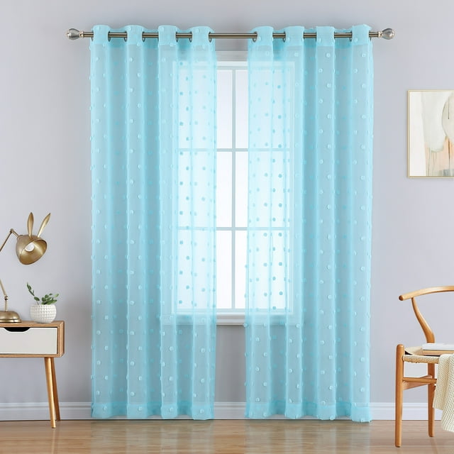 2 Pack Pom Pom Decor Textured Half Tier Curtain, Rod Pocket Voile Sheer ...