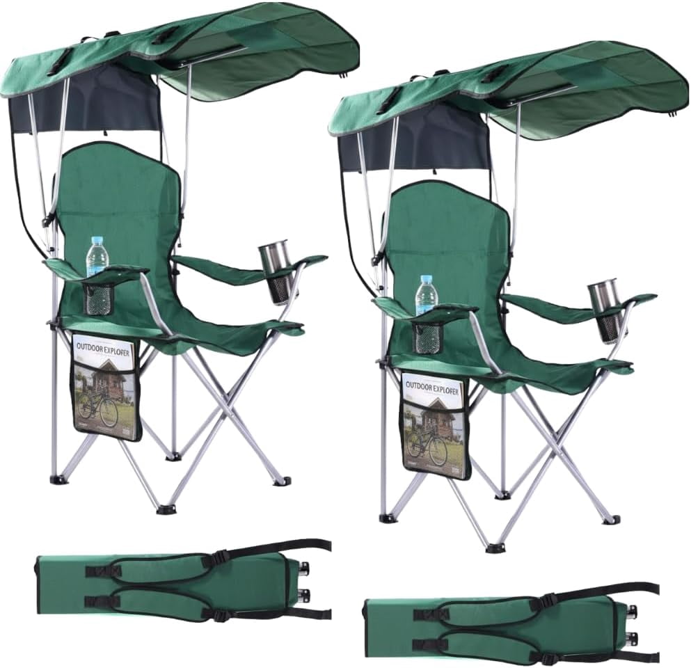 2-Pack Portable Folding Camping Chairs with Canopy Shade, Beach Chair ...