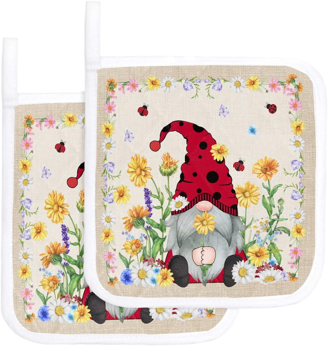 2 Pack Pot Holders for Kitchen,Spring Idyllic Gnome Yellow Daisy Flower ...