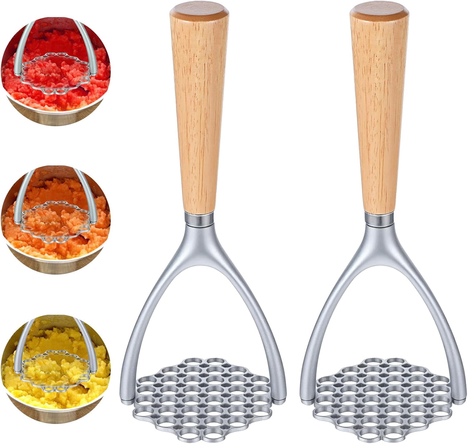 2 Pack Potato Masher with Wooden Handle – Heavy Duty Aluminum Potato ...