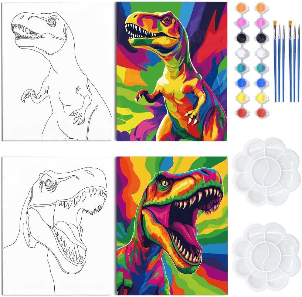 2 Pack Pre Drawn Canvas Dinosaur Theme Pre Printed Canvas Painting Set ...