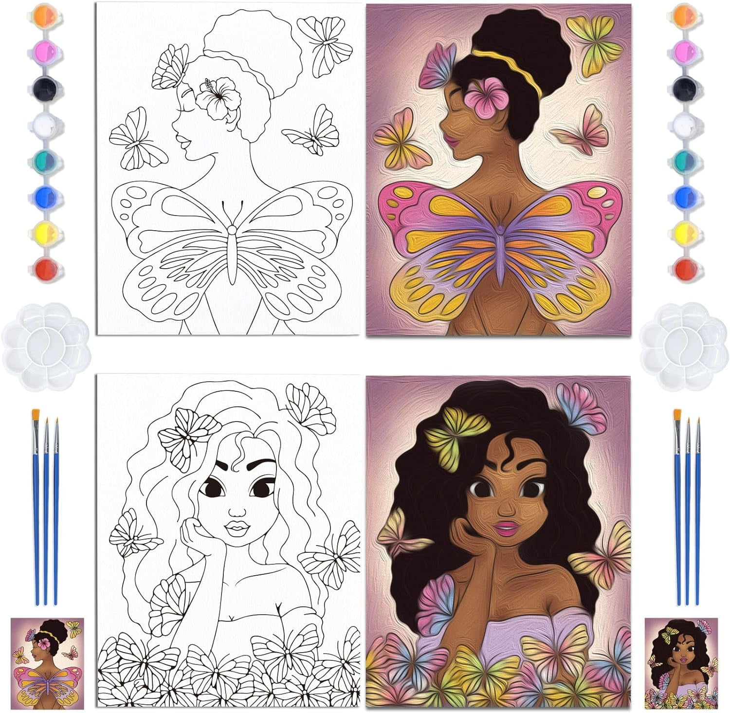 2 Pack Pre Drawn Canvas Painting Kit Afro Butterfly Girl Pre Drawn ...