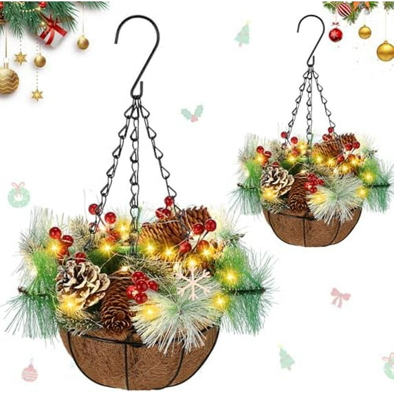 2 Pack Pre Lit Artificial Christmas Hanging Basket Christmas Tree ...
