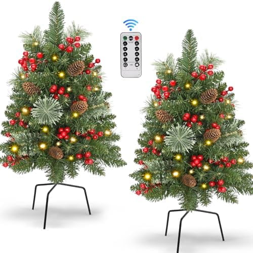 2 Pack Prelit Outdoor Christmas Trees for Porch, 24.5" Small Christmas ...