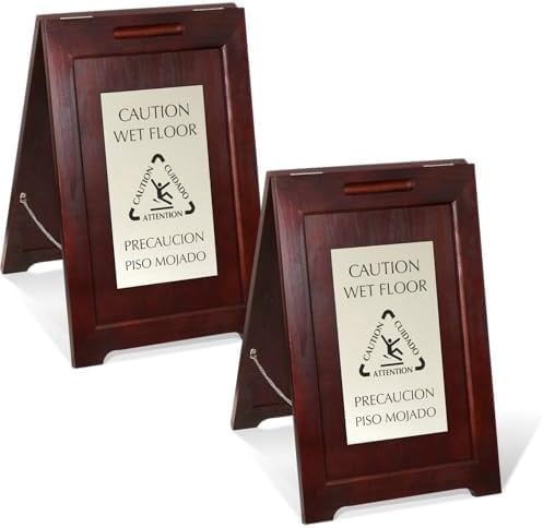 (2-Pack) Premium Bilingual 'Caution Wet Floor' Wooden A-Frame Standing ...