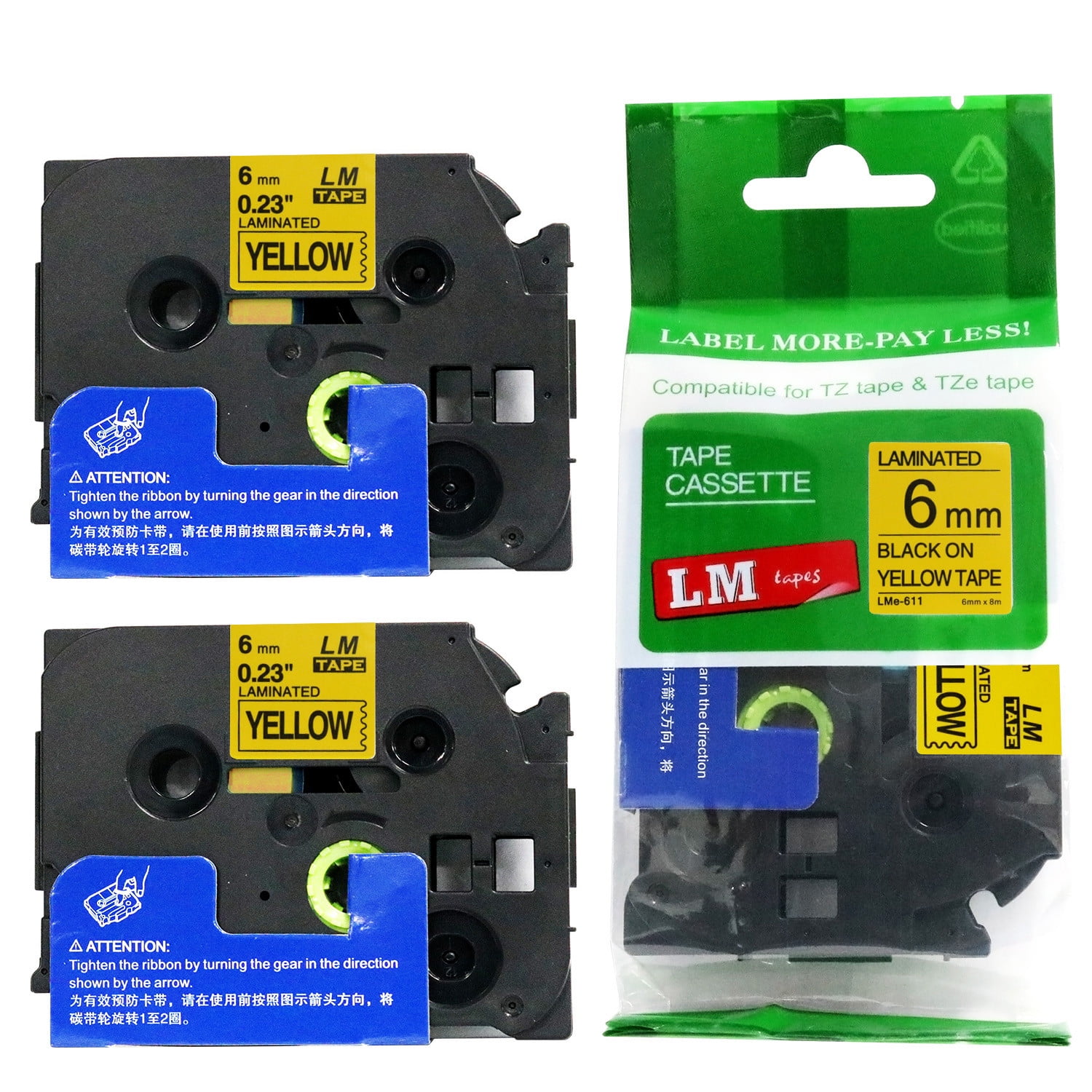2/Pack - Premium Compatible with TZe-611 Black on Yellow 1/4 p-touch ...