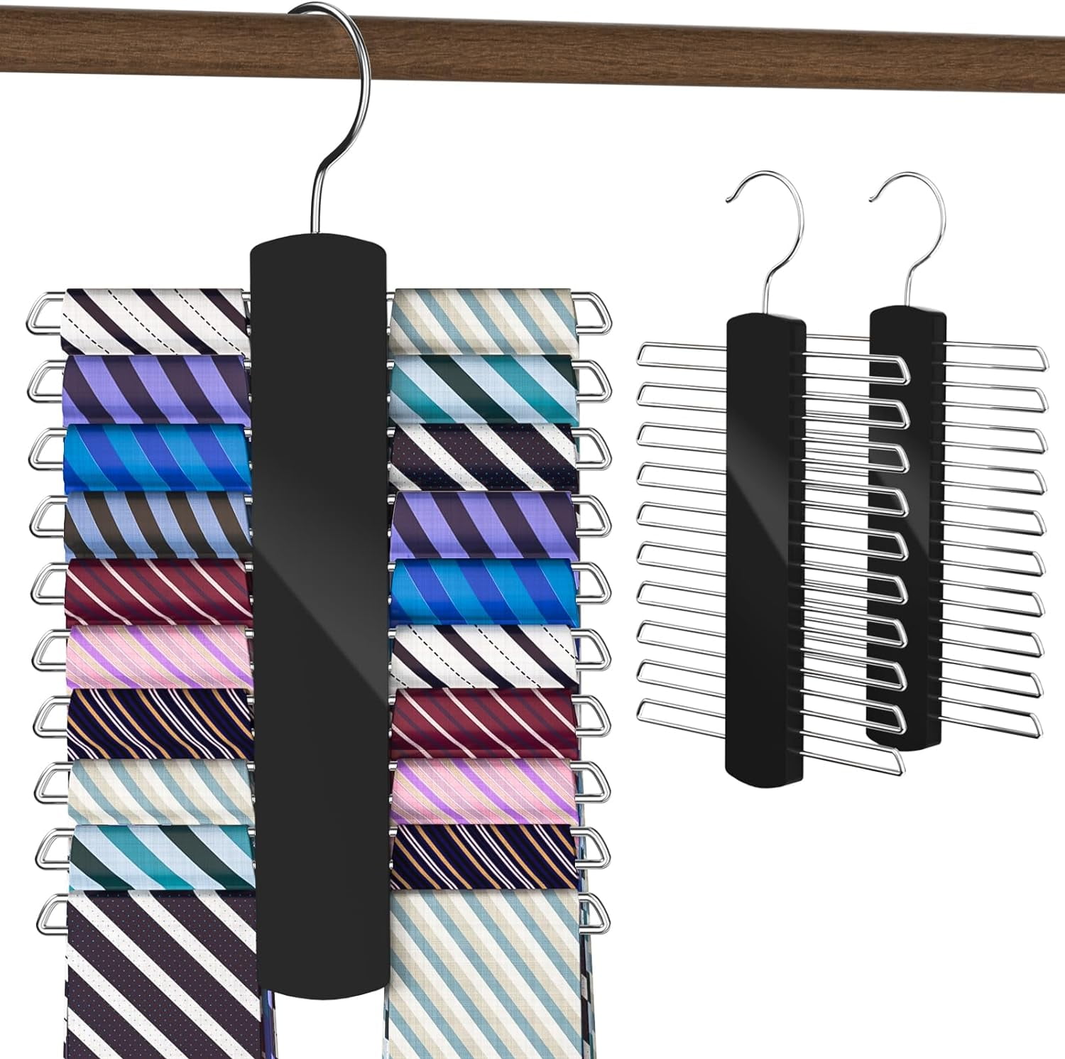 2 Pack Premium Wooden Tie Rack, Space Saving Tie Hanger for Men, 360 ...