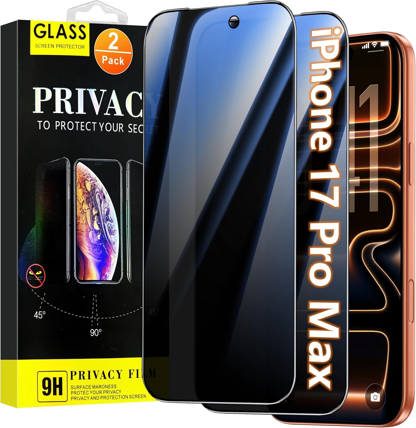 2 Pack Privacy Screen Protector for iPhone 17 Pro Max 6.9'' Tempered ...