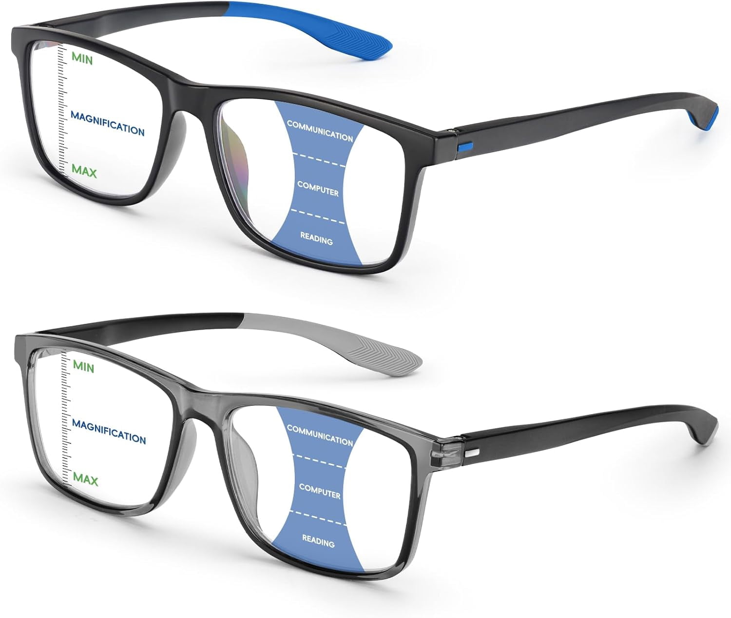 2 Pack Progressive Multifocal Reading Glasses for Men - Blue Light ...