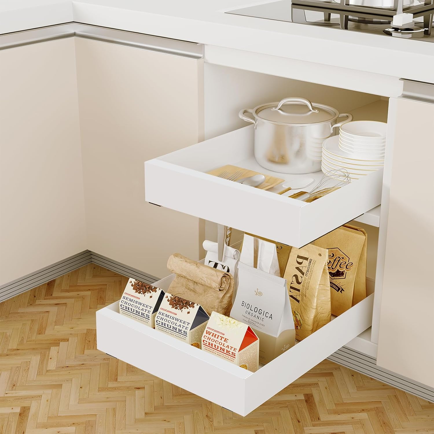 2 Pack Pull Out Cabinet Organizer 16.5" Deep Adhesive Slide Out Cabinet ...