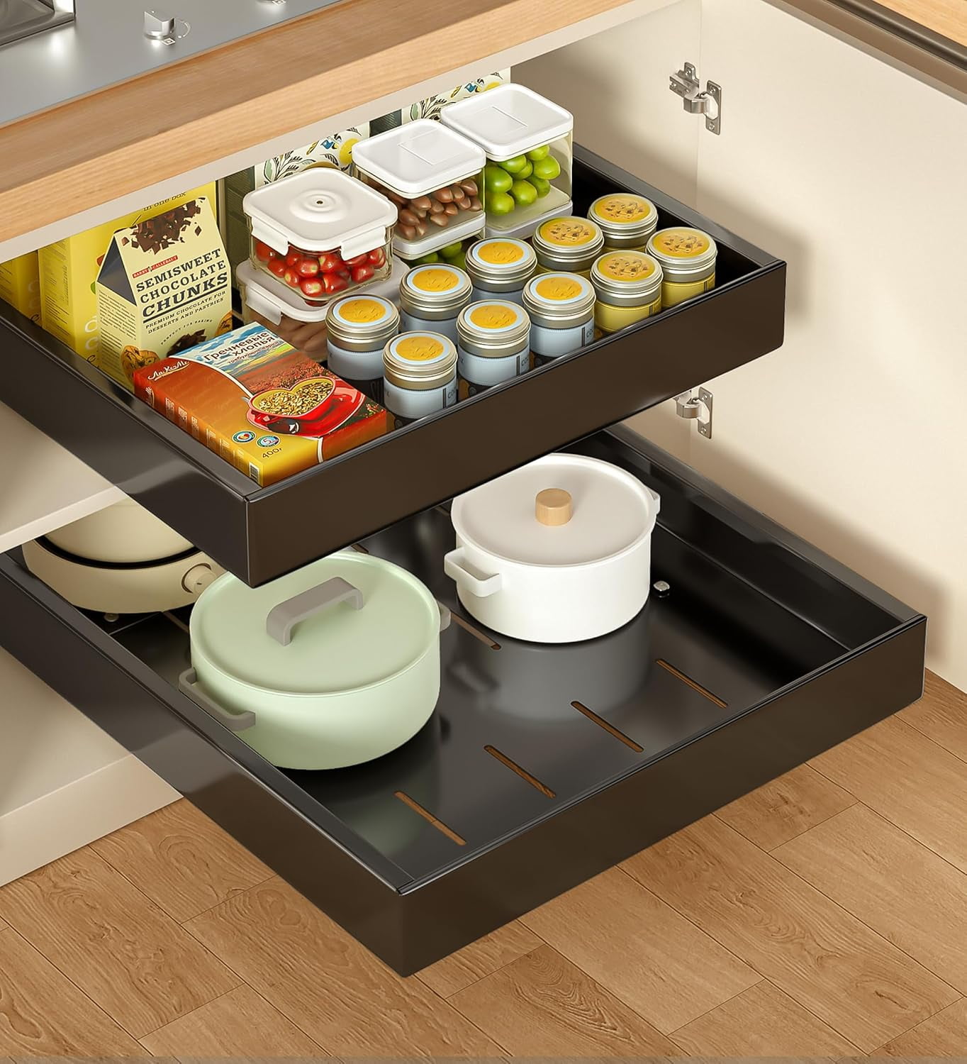 2 Pack Pull out Cabinet Organizer 21"D x 12"W, Peel And Stick Slide out Drawers for Kitchen ...