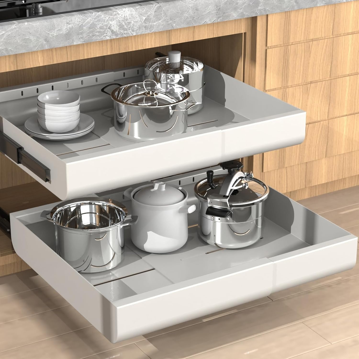 2 Pack Pull Out Cabinet Organizer 21" Deep Expandable Slide Out Drawer ...