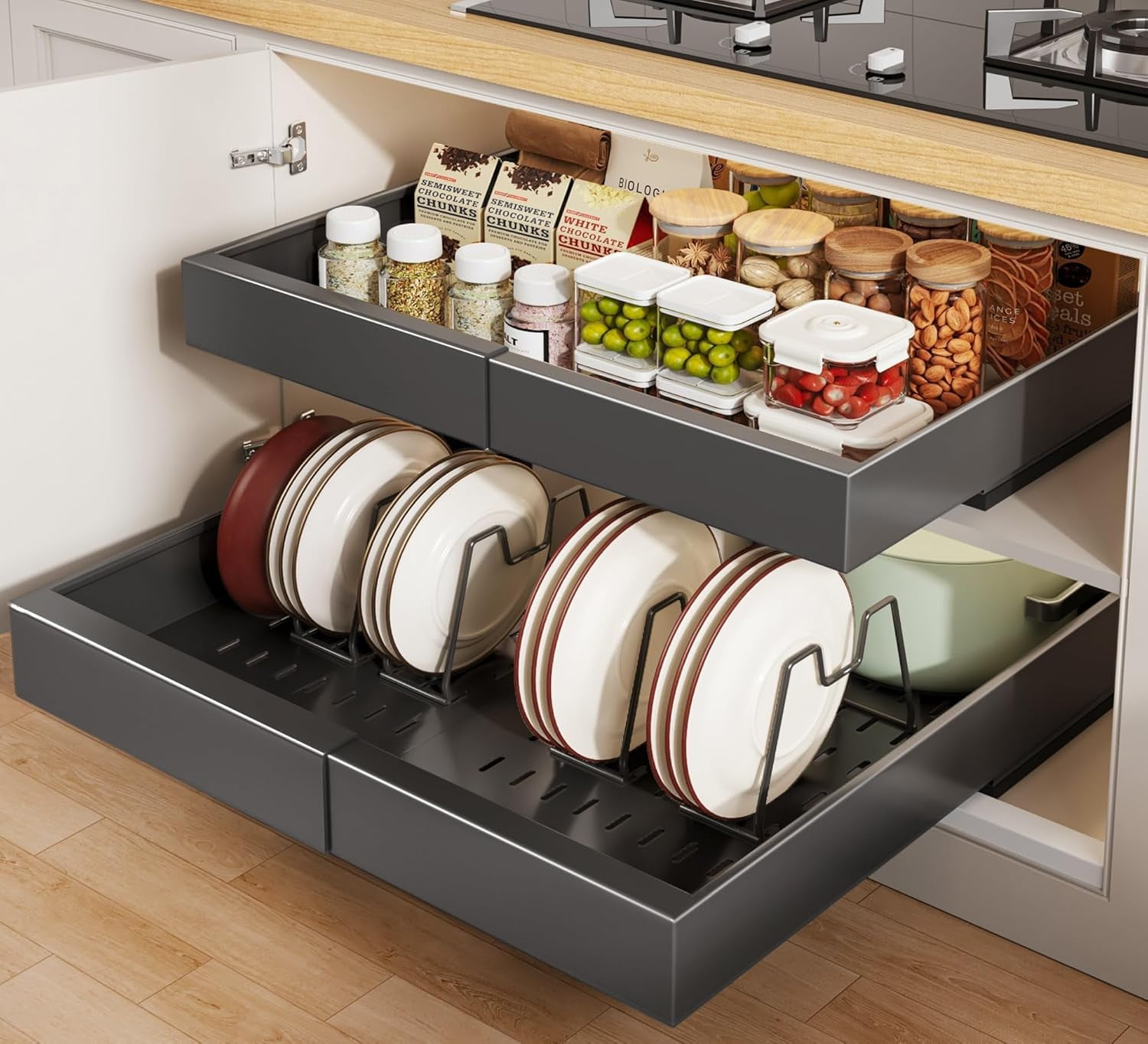 2 Pack Pull out Cabinet Organizer 21"Deep With Raising Pad for Framed ...