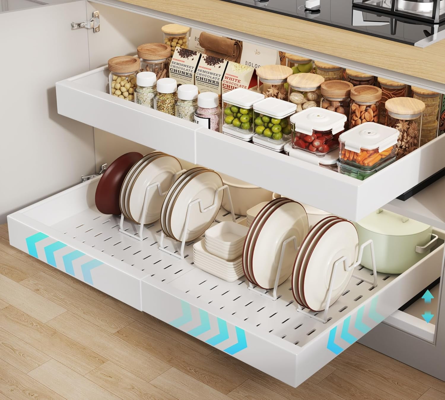 2 Pack Pull out Cabinet Organizer 21"Deep With Raising Pad for Framed ...