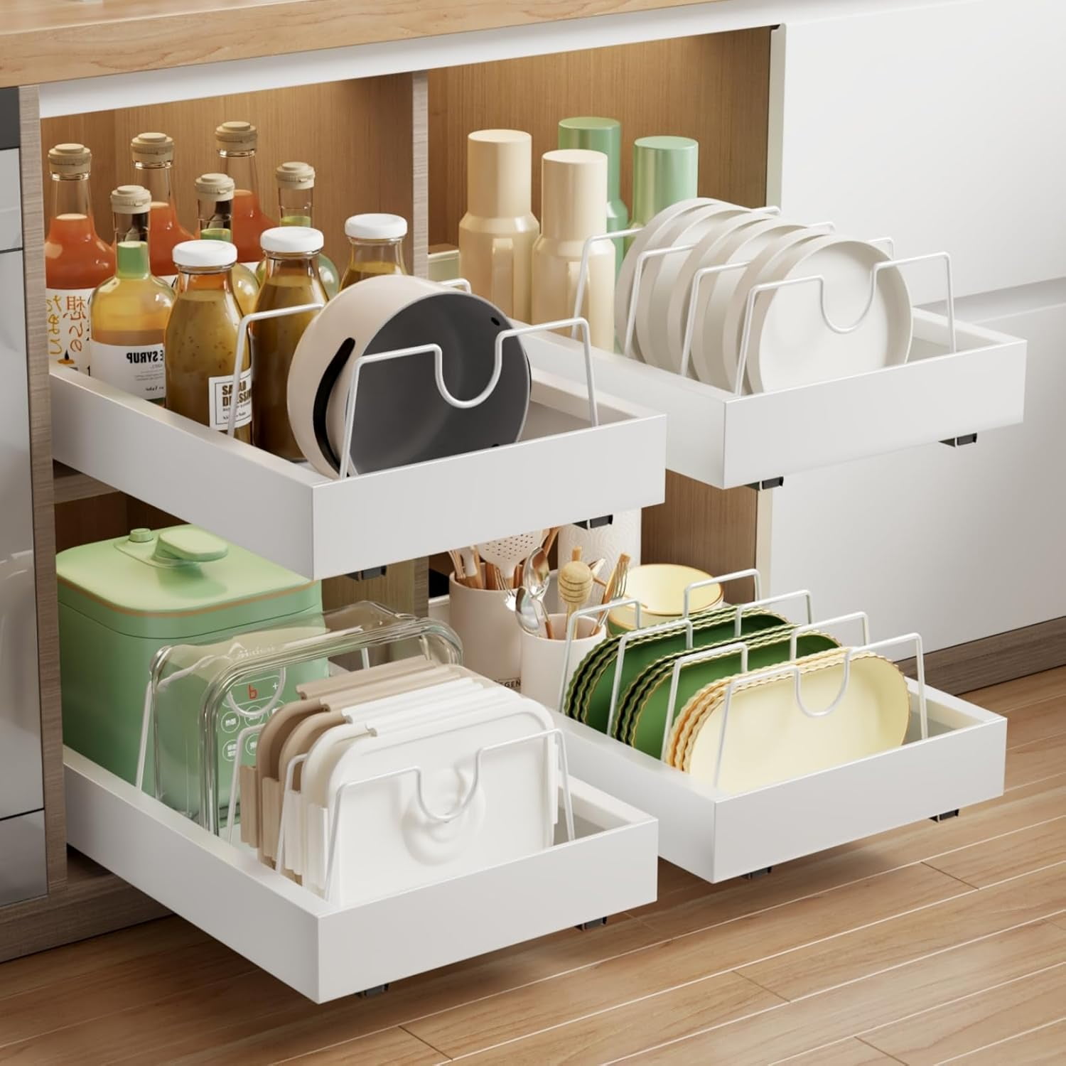 2 Pack Pull Out Cabinet Organizer with 4 Dividers,21.8" Deep Slide Out ...