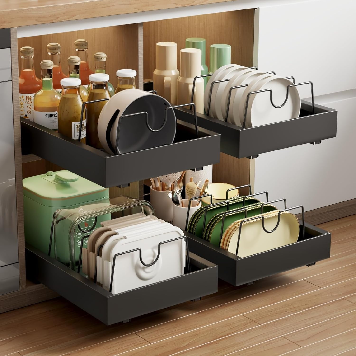 2 Pack Pull Out Cabinet Organizer with 4 Dividers,21.8" Deep Slide Out ...