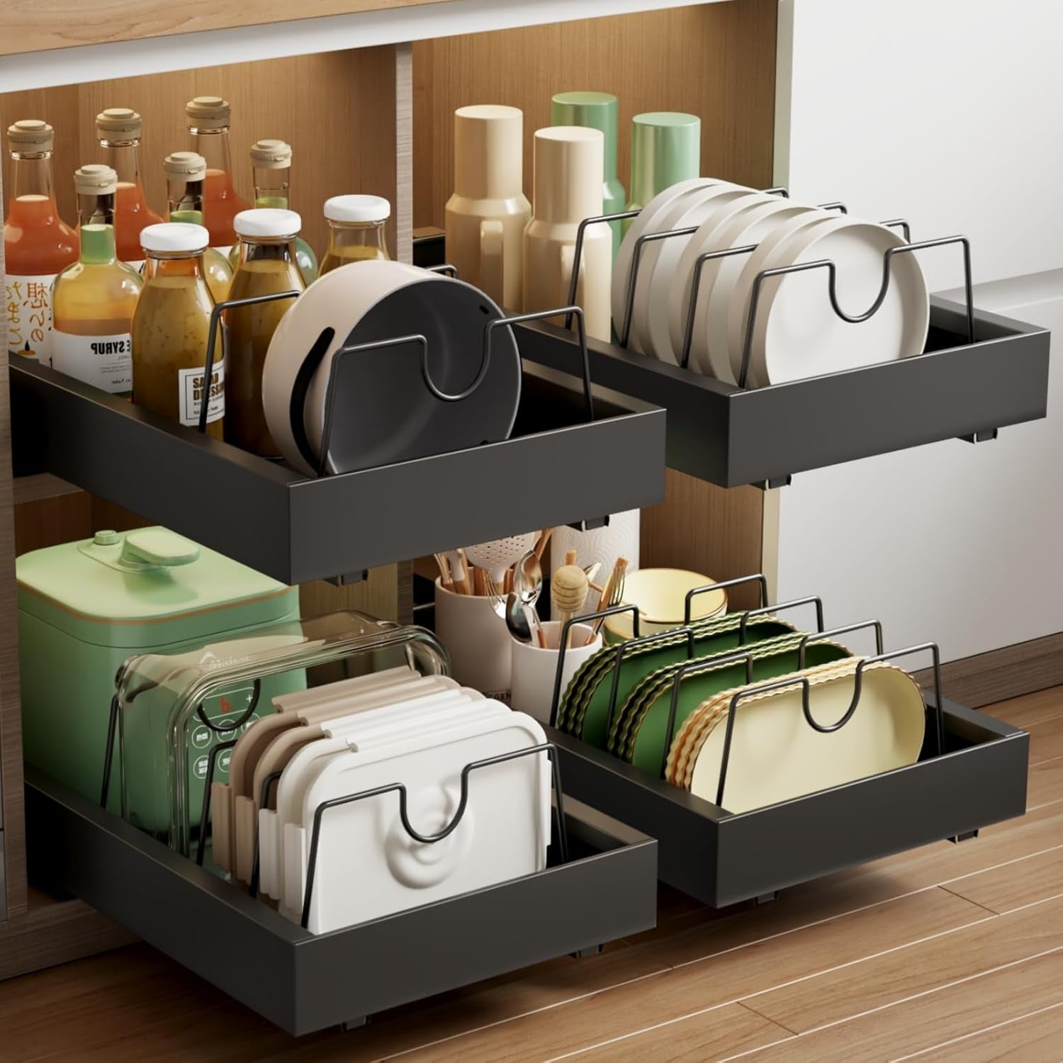 2 Pack Pull Out Cabinet Organizer with 8 Dividers,21.8" Deep Slide Out ...