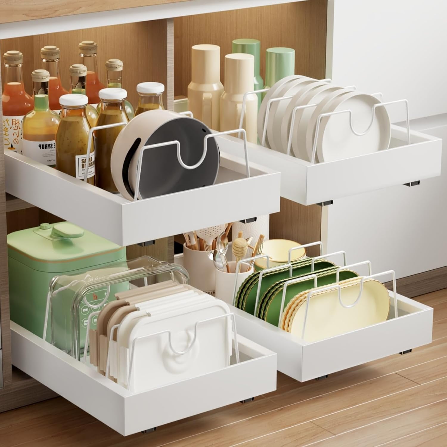 2 Pack Pull Out Cabinet Organizer with 8 Dividers,21.8" Deep Slide Out ...