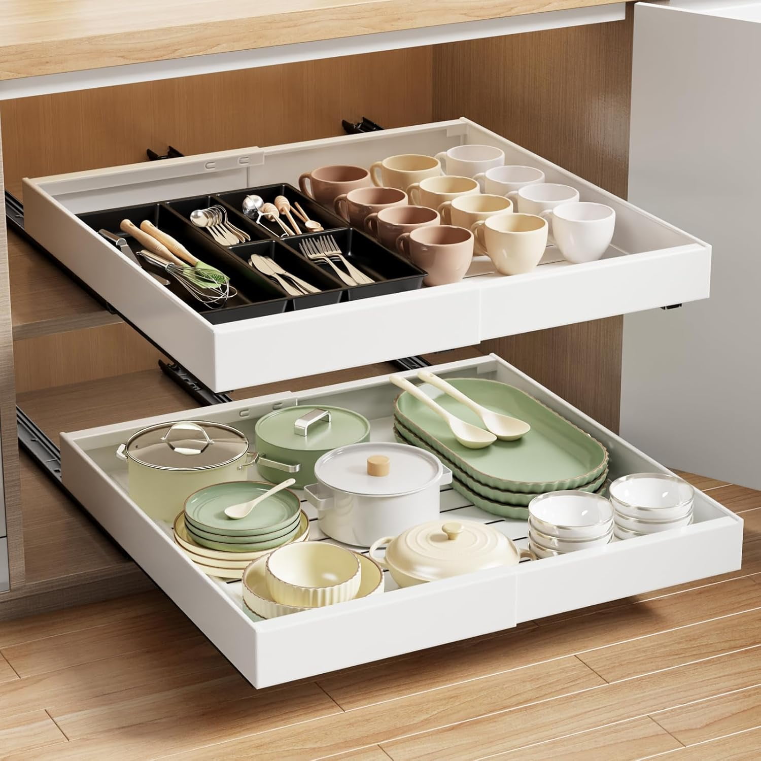 2 Pack Pull Out Cabinet Organizer Expandable, 21" Deep Slide Out Drawer ...