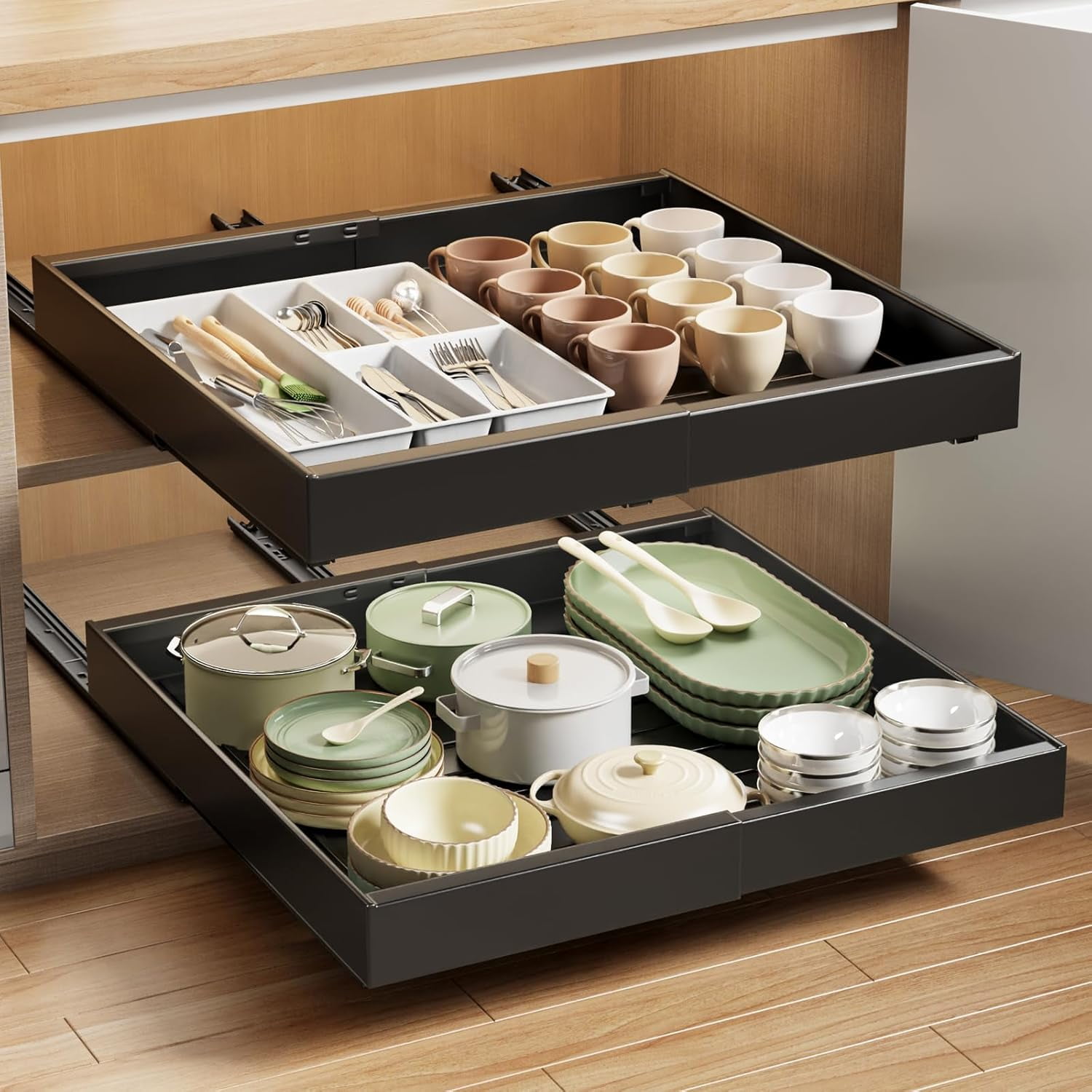 2 Pack Pull Out Cabinet Organizer Expandable, 21" Deep Slide Out Drawer ...