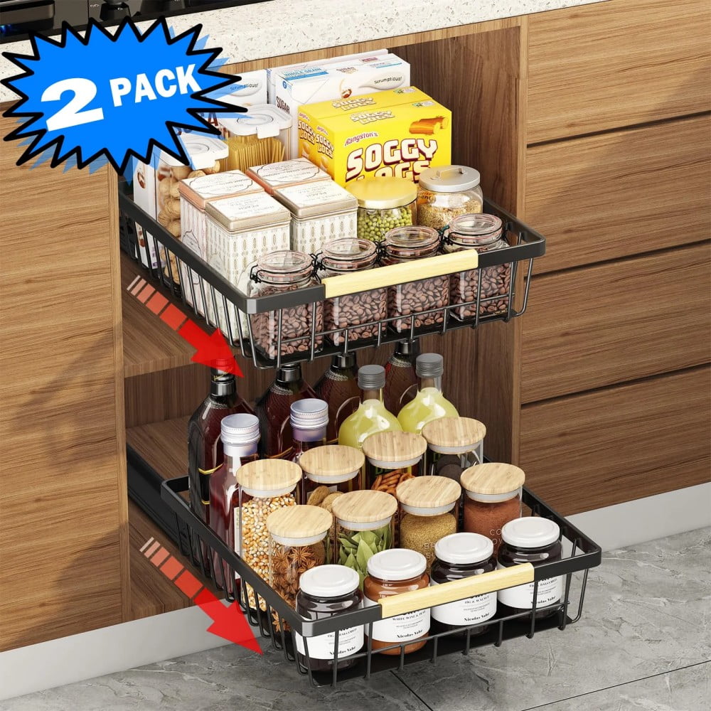 2 Pack Pull Out Cabinet Organizer with Metal Slide Out Drawers, Durable ...