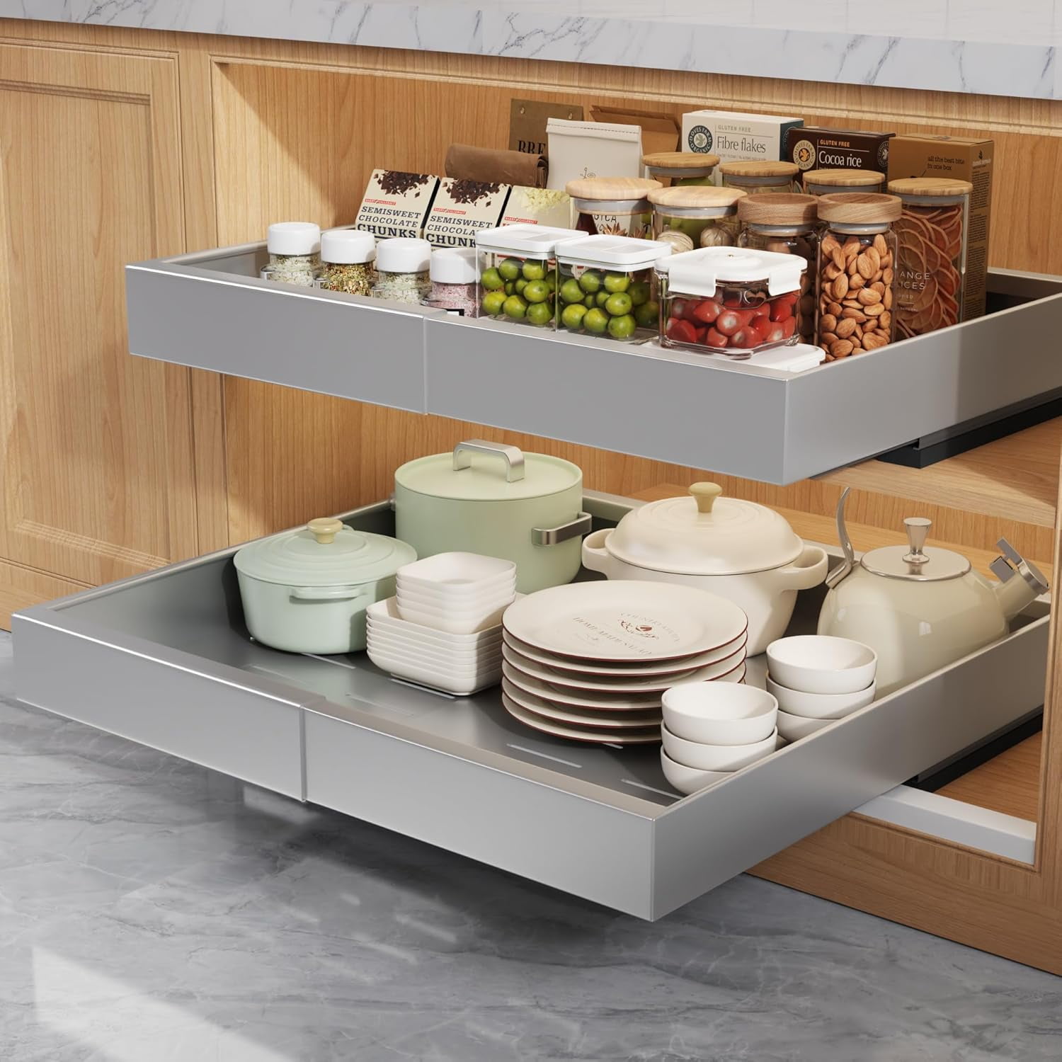 2 Pack Pull Out Cabinet Organizers 21"Deep With Raising Pad for Framed ...