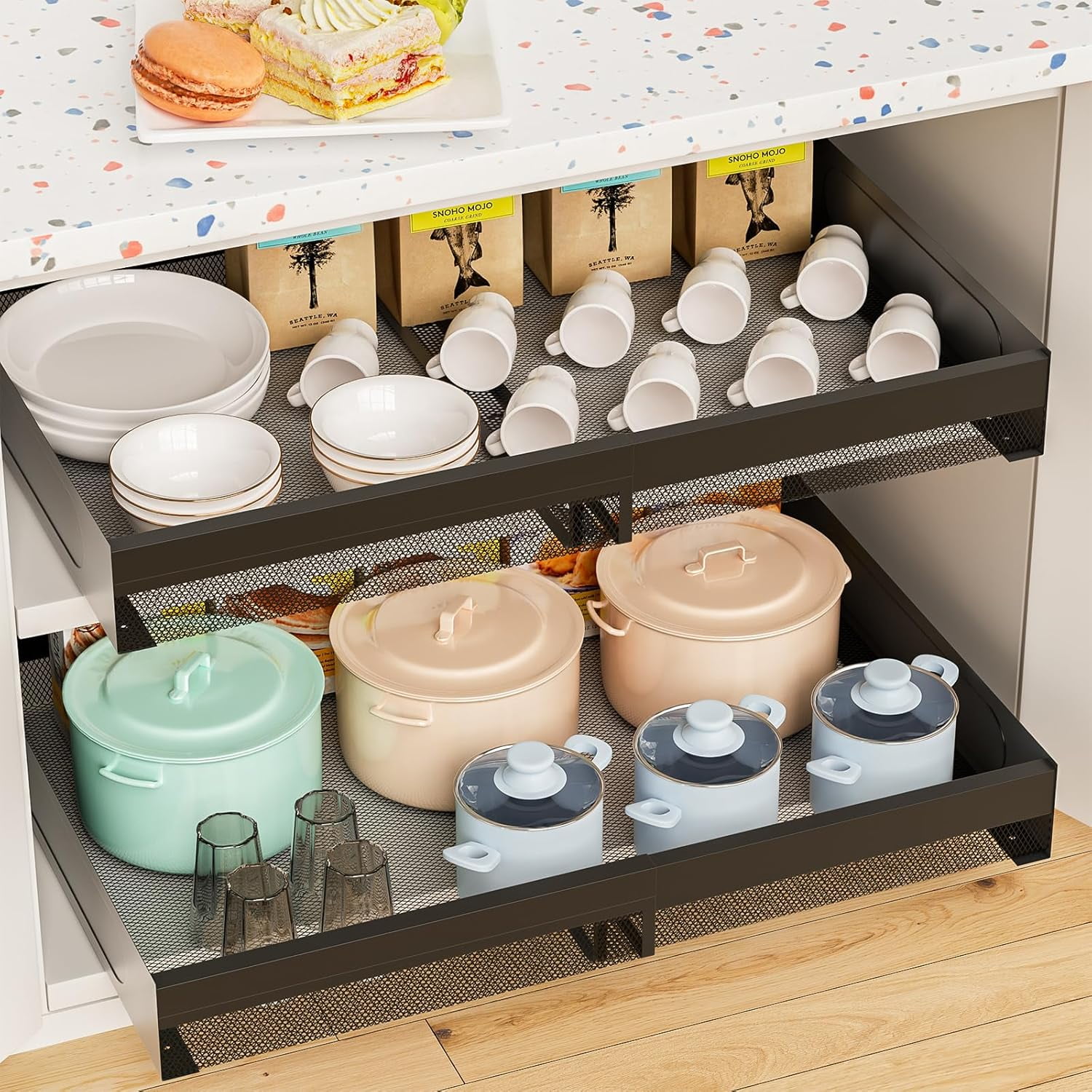 2 Pack Pull Out Cabinet Organizers, Black 15.35/16.5"Deep Kitchen ...