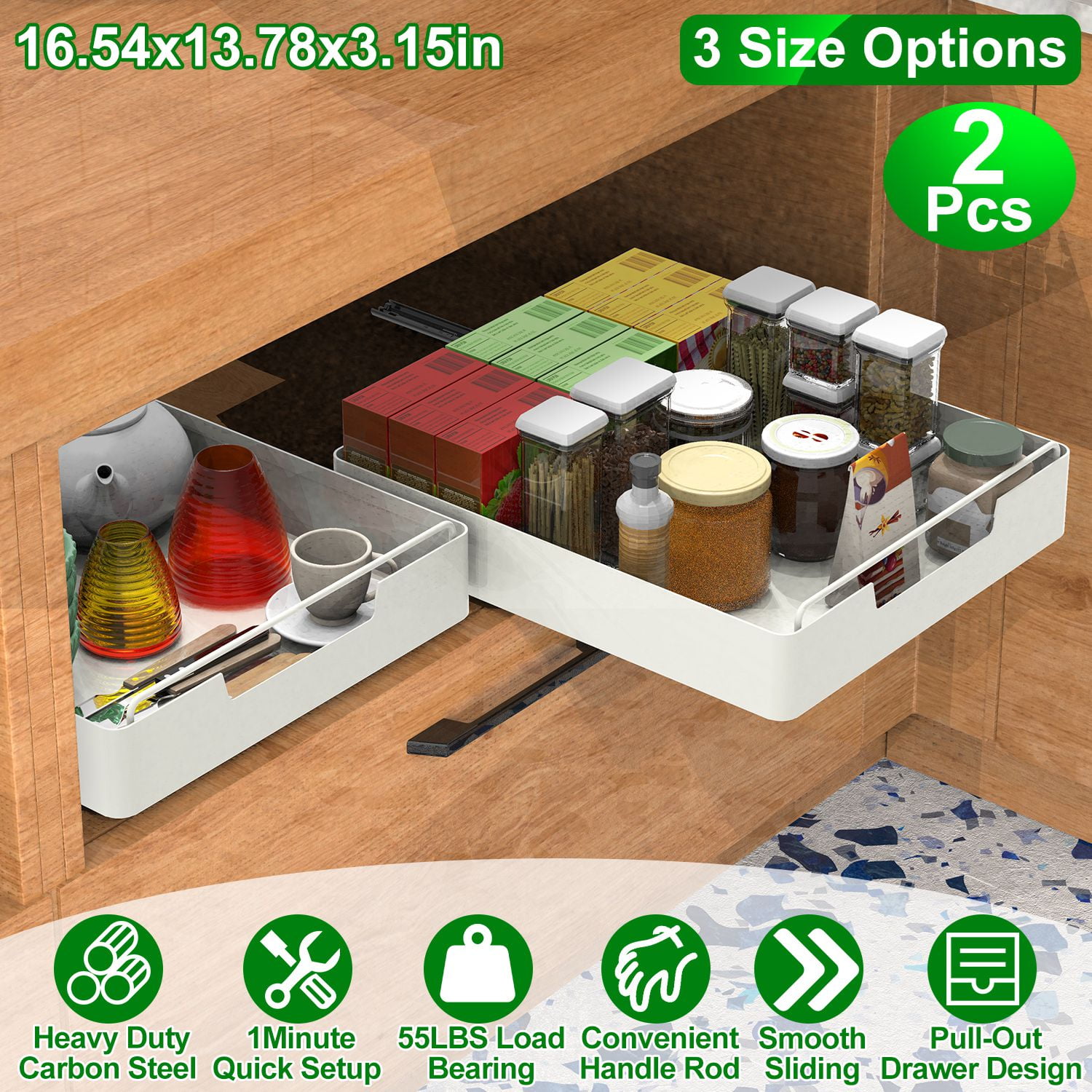 2 Pack Pull Out Cabinet Organizer, 2 Slide Rails Slide Out Drawer for ...