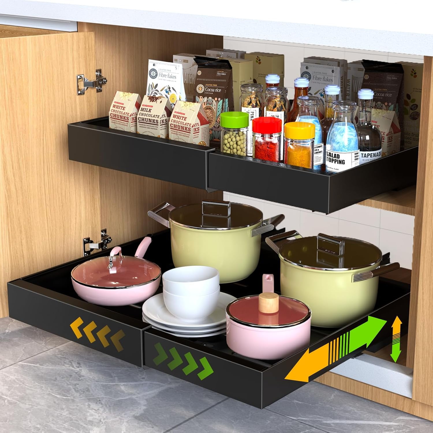 2 Pack Pull Out Cabinet Organizer,21" Deep Slide Out Drawer Organizers ...