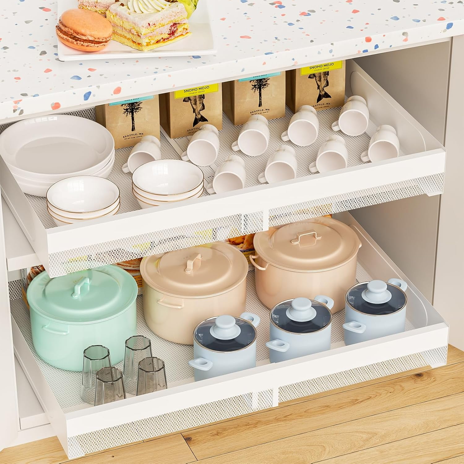 2 Pack Pull Out Cabinet Organizers, White 15.35/16.5" Deep Kitchen ...