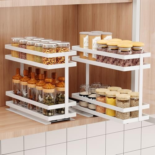 2 Pack Pull Out Spice Rack Organizer for Cabinet, 2 Tier Metal Slide ...