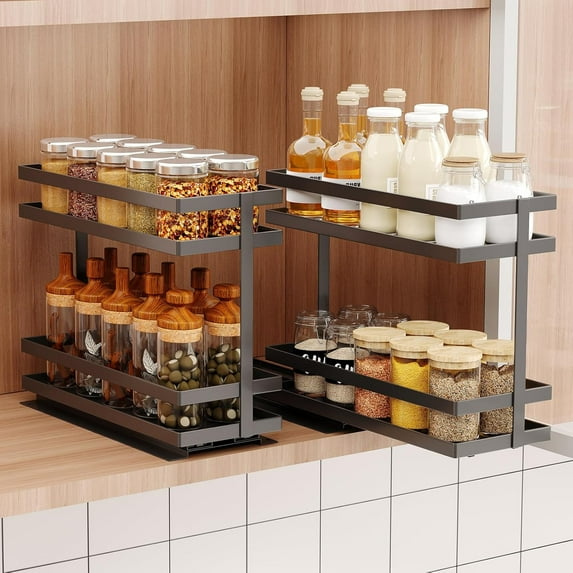 2 Pack Pull Out Spice Rack Organizer for Cabinet, 2 Tier Metal Slide ...
