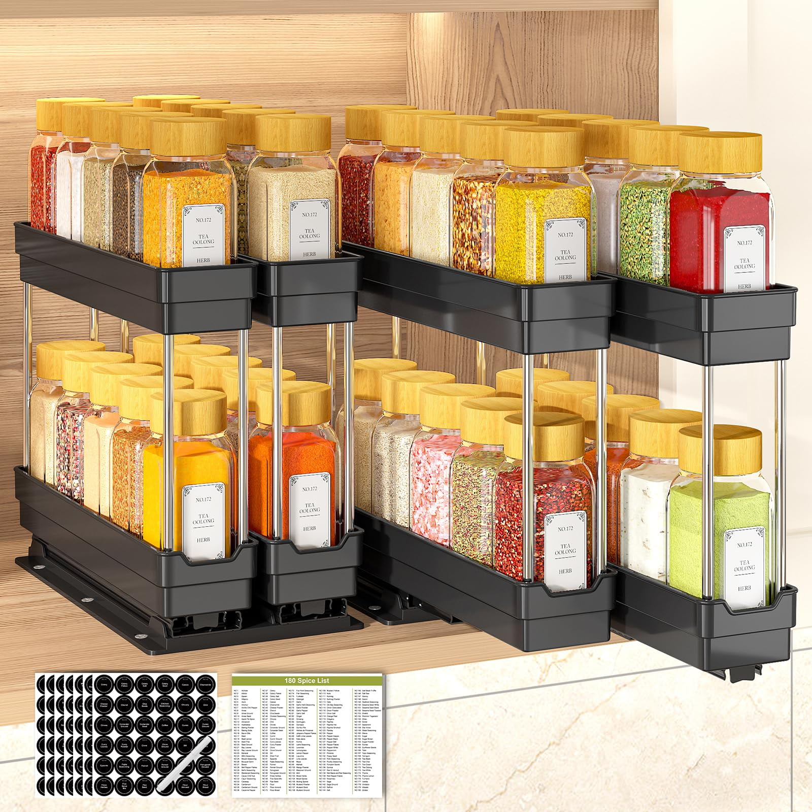 2 Pack Pull Out Spice Rack Organizer for Cabinet, Slide Out Seasoning ...
