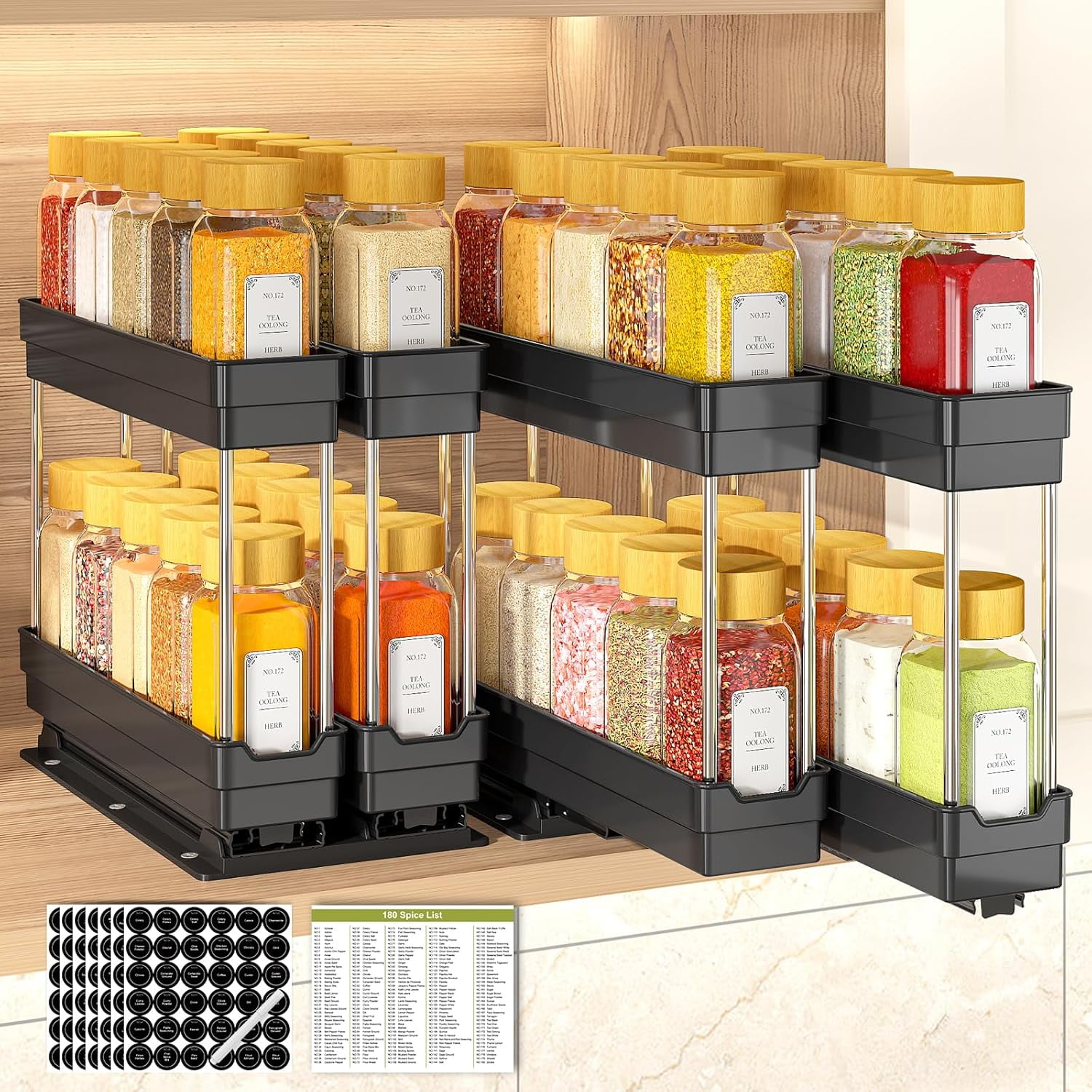 2 Pack Pull Out Spice Rack Organizer for Cabinet, Slide Out Seasoning ...