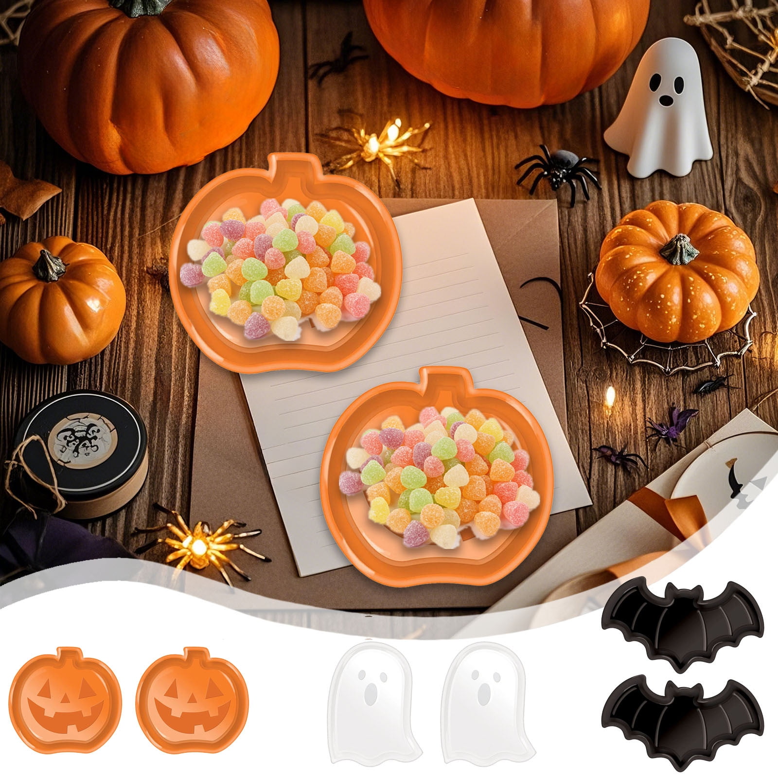 2-Pack Pumpkin Ghost Bat Candy Trays - Halloween Thanksgiving Reusable ...
